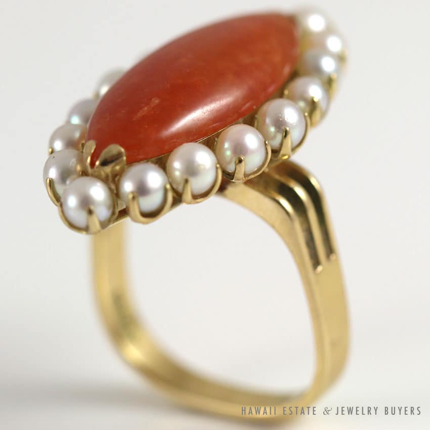 VINTAGE RED JADE MARQUISE & PEARL 14K YELLOW GOLD RING SIZE 7 ...