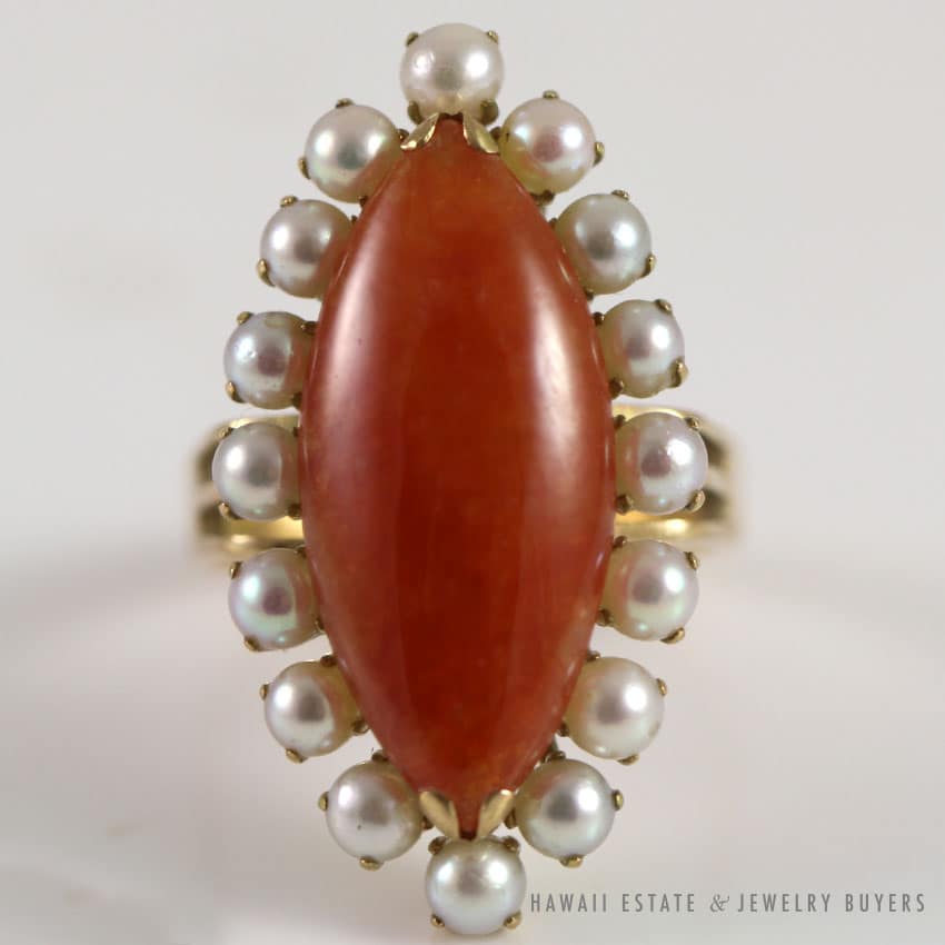 VINTAGE RED JADE MARQUISE & PEARL 14K YELLOW GOLD RING SIZE 7 ...