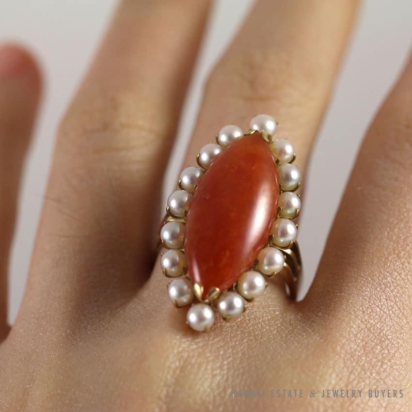 VINTAGE RED JADE MARQUISE & PEARL 14K YELLOW GOLD RING SIZE 7 ...